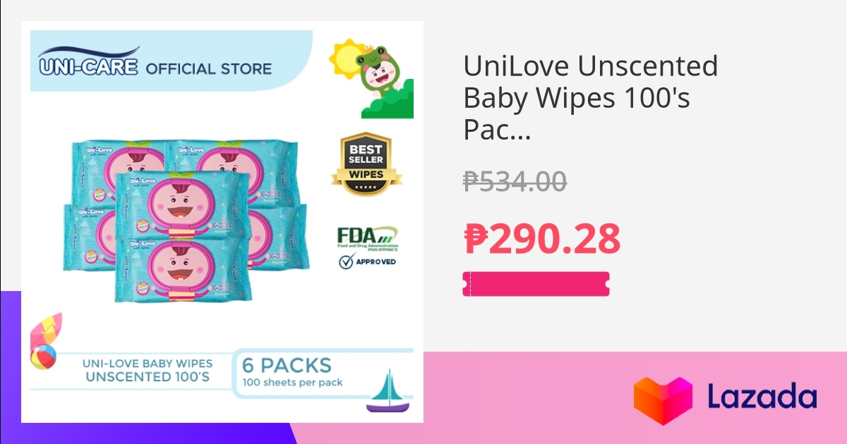 UniLove Unscented Baby Wipes 100's Pack of 6