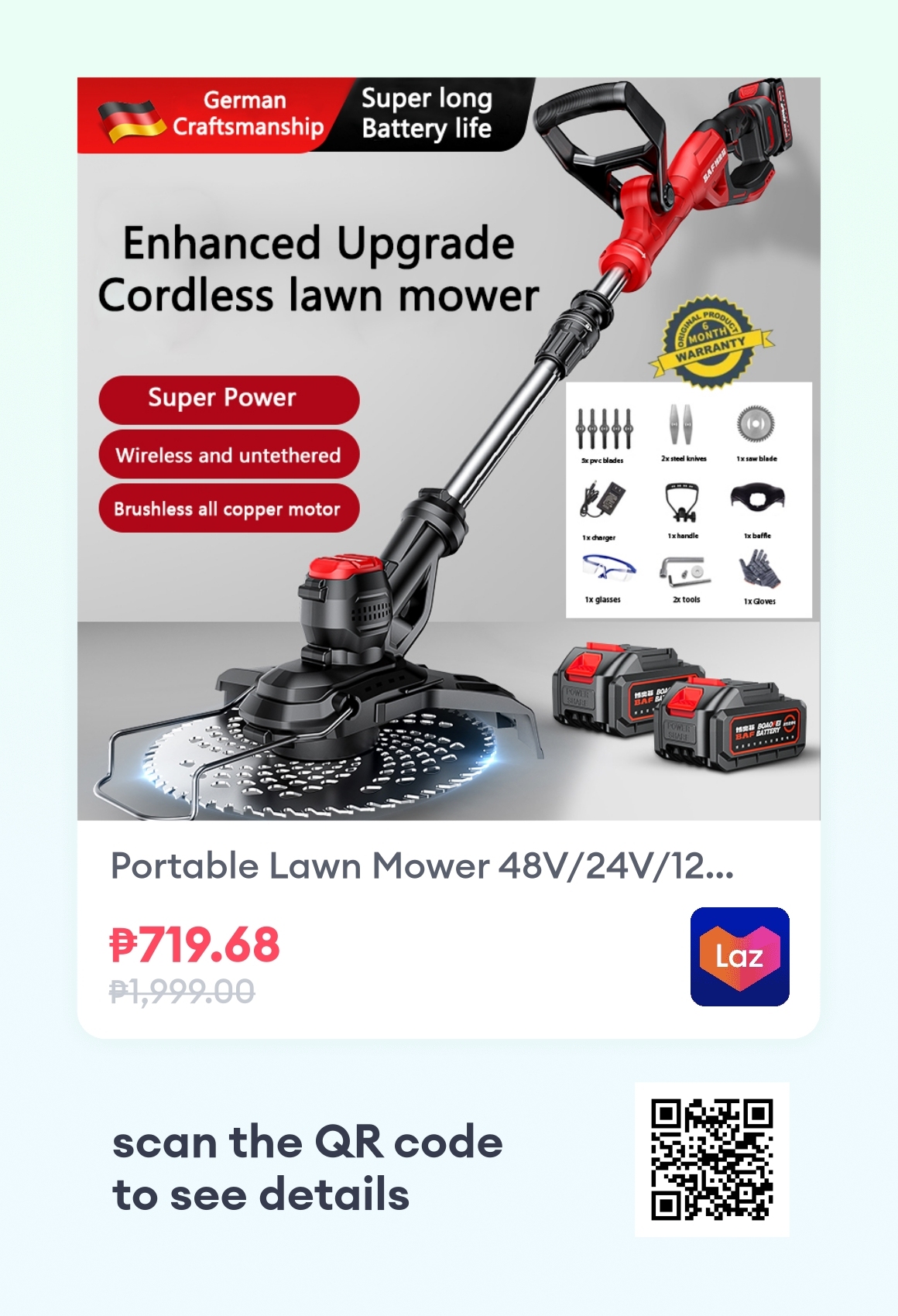 Portable Lawn Mower 48V/24V/12V Lithium Battery Cordless Grass Cutter ...