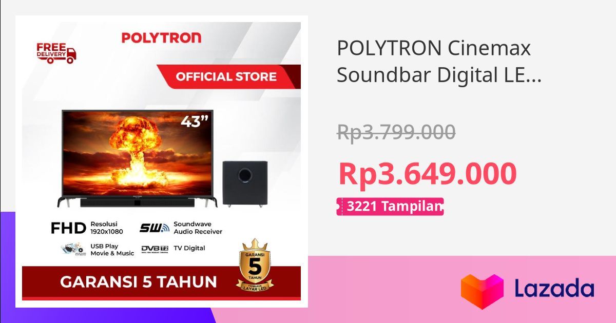 POLYTRON Cinemax Soundbar Digital LED TV 43 inch PLD 43BV1558 Garansi 5th HDMI, USB Full HD
