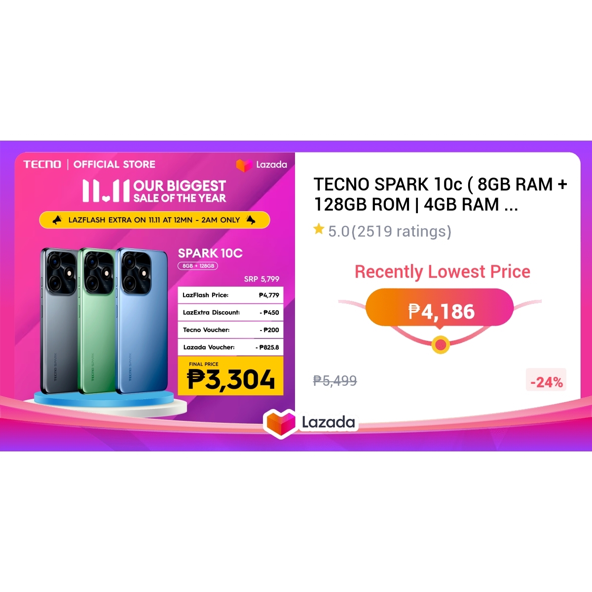 TECNO SPARK 10c ( 8GB RAM + 128GB ROM | 4GB RAM + 128GB ROM ) - Octa ...