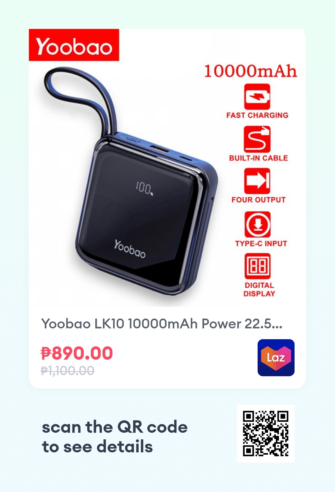 Yoobao LK10 10000mAh Power 22.5W Fast Charge Built in Cable with Lanyard Portable Power Bank ...