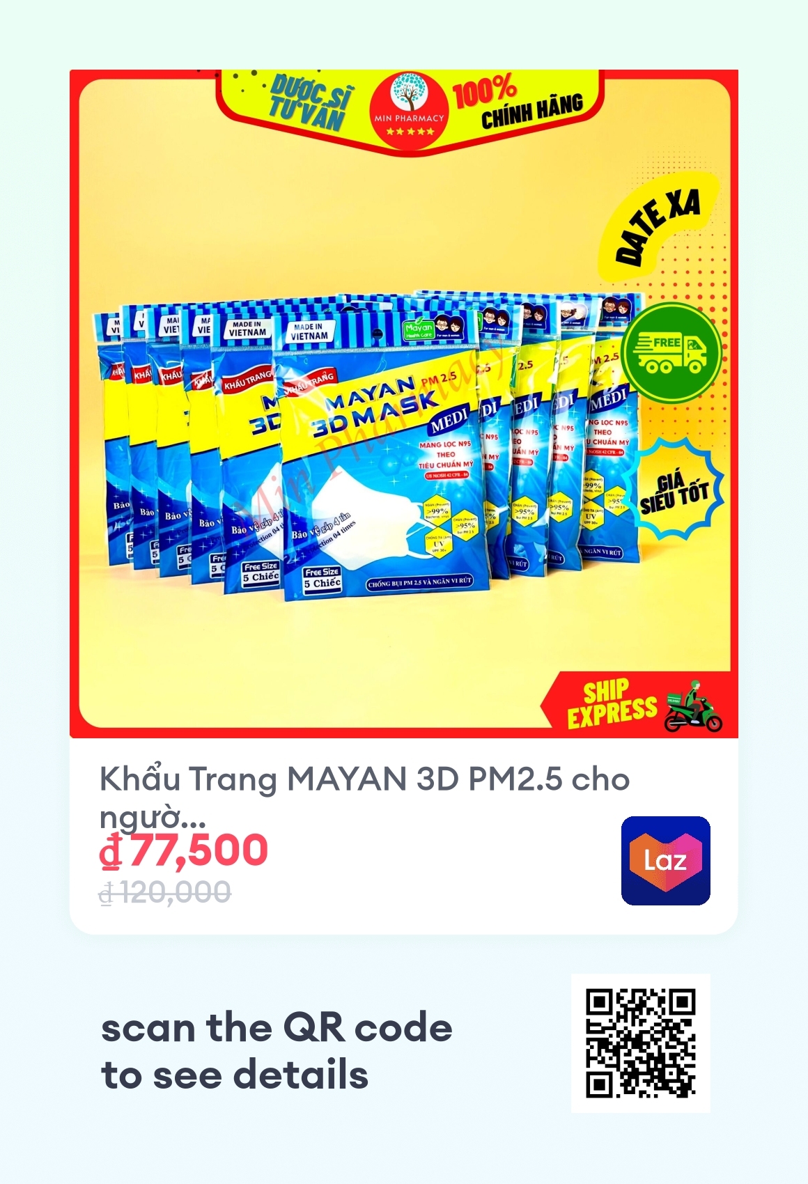 Khẩu Trang MAYAN 3D PM2.5 cho người lớn màu trắng (túi 5 cái) - Minpharmacy