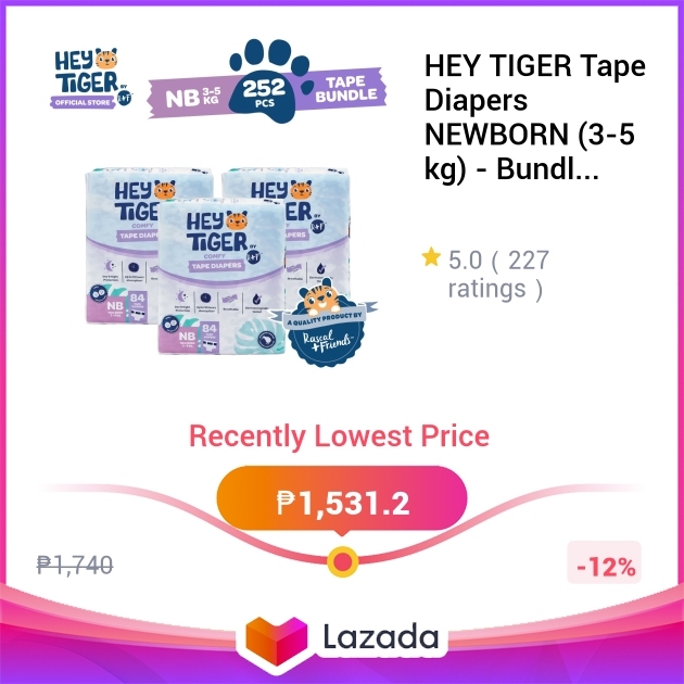 HEY TIGER Tape Diapers NEWBORN (3-5 kg) - Bundle Pack 252pcs (84pcs x 3 Jumbo Packs)