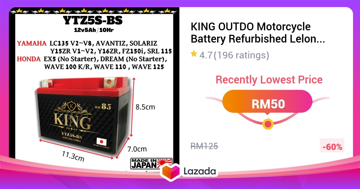 KING OUTDO Motorcycle Battery Refurbished Lelong YTZ5S-BS YB3L-BS YB5L ...