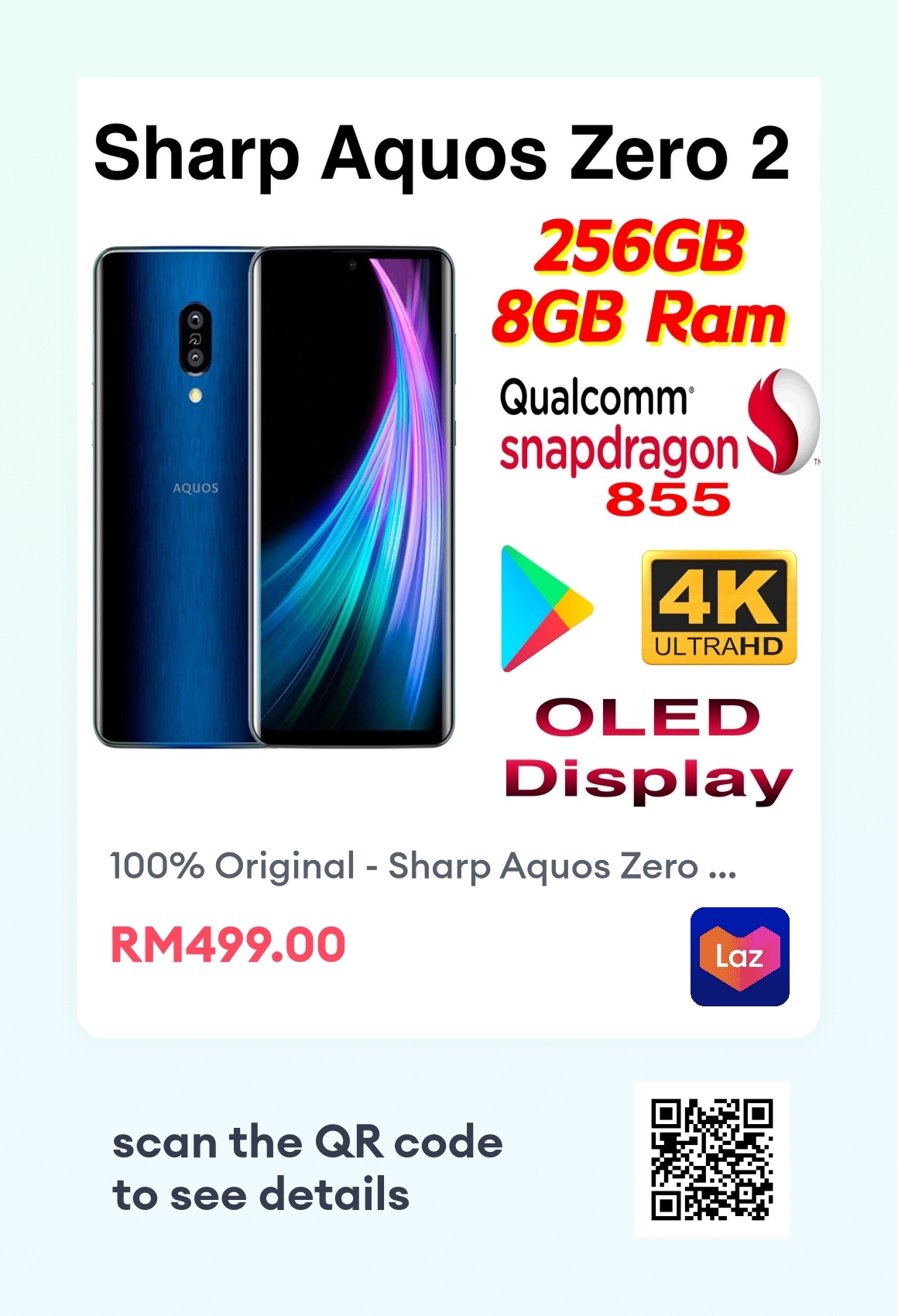 Check out 100% Original - Sharp Aquos Zero 2 (256GB + 8G...!RM499.00 only!Get it on Lazada now!