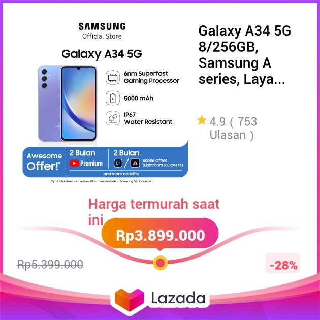 Galaxy A34 5G 8/256GB, Samsung A series, Layar Super AMOLED 6,6 inci, 5000 mAh, smartphone ...
