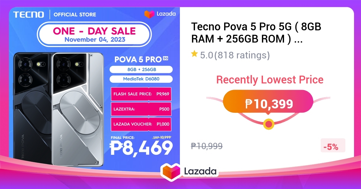 Tecno Pova 5 Pro 5G ( 8GB RAM + 256GB ROM ) - Mediatek D6080 - 68W Fast ...