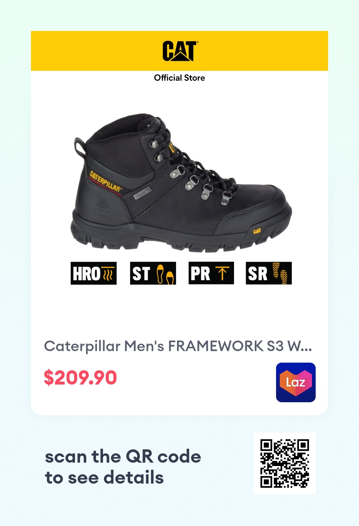 Caterpillar Men's FRAMEWORK S3 WR HRO SRA Steel Toe Work Boot - Black ...
