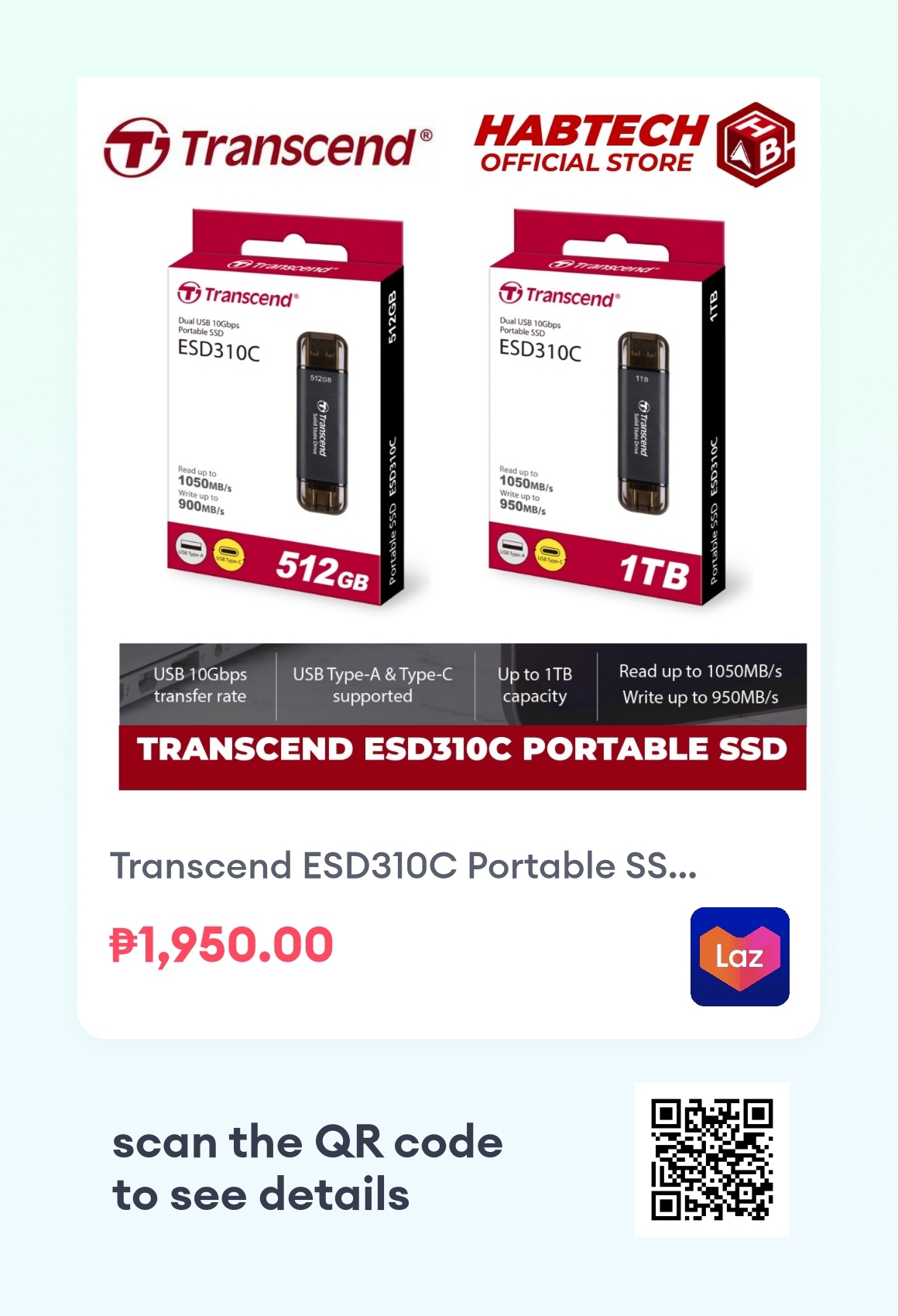 Transcend ESD310C Portable SSD 256GB 512GB 1TB (Smallest SSD)