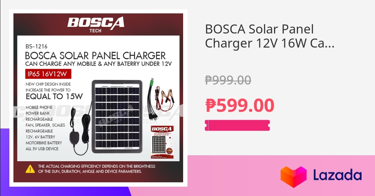 BOSCA Solar Panel Charger 12V 16W Can charge any mobile & any battery ...