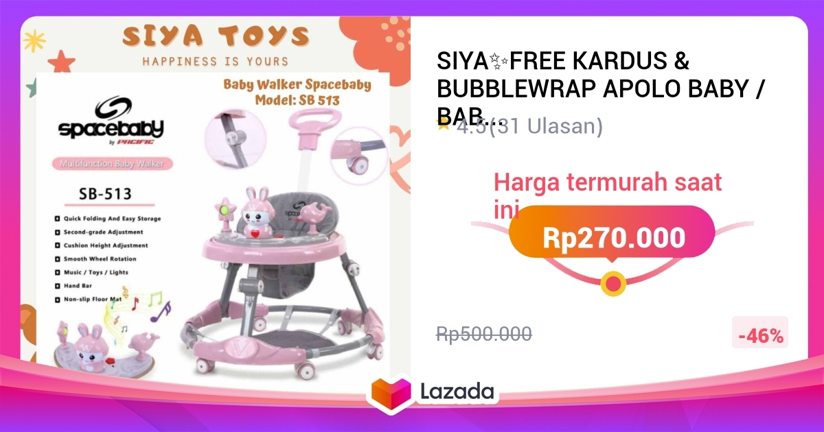 SIYA FREE KARDUS & BUBBLEWRAP APOLO BABY / BABY WALKER SPACEBABY SB 513 ...