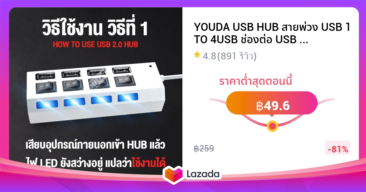 YOUDA USB HUB สายพ่วง USB 1 TO 4USB ช่องต่อ USB 4 ช่อง พร้อมสวิตซ์ต่างหาก ไฟLED อะแดปเตอร์ขยาย ...