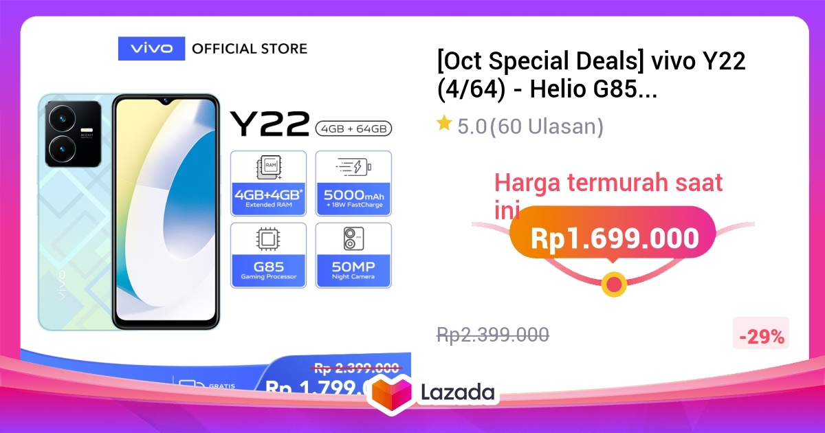 [Oct Special Deals] vivo Y22 (4/64) - Helio G85, 50MP Camera, Splash Waterproof, 5000mAh Battery ...
