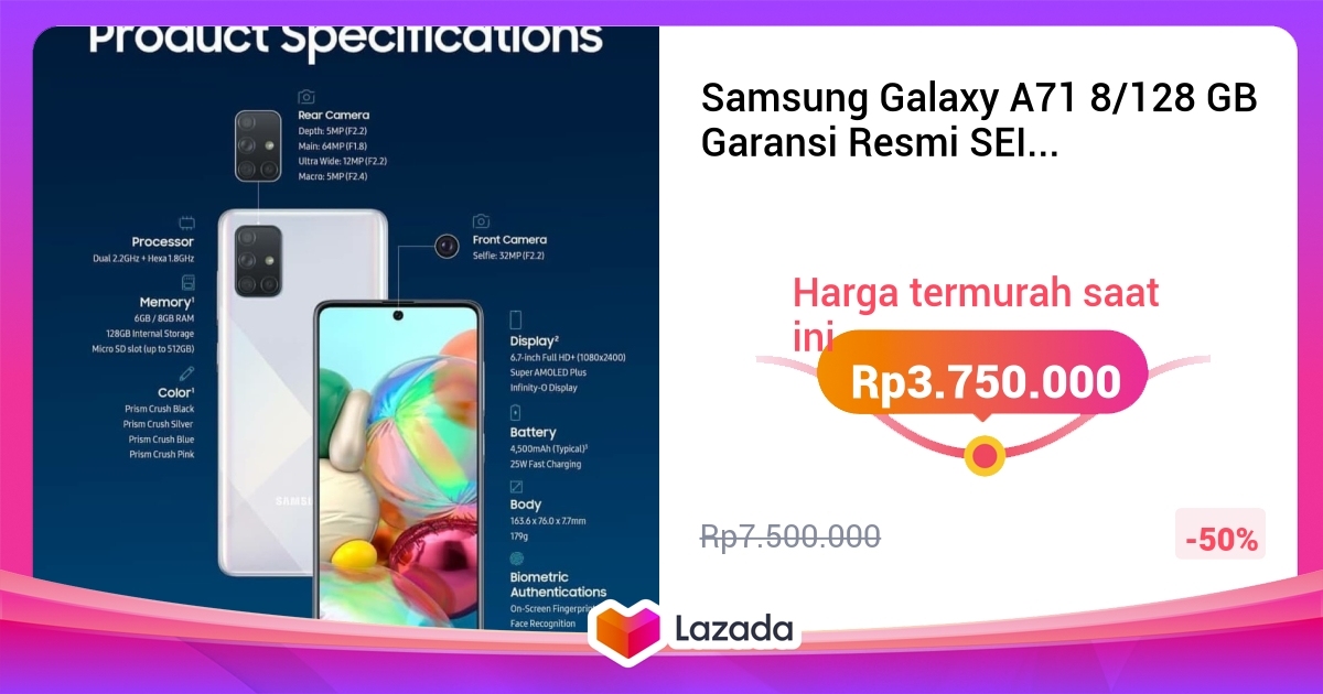 Samsung Galaxy A71 8/128 GB Garansi Resmi SEIN New Baru Segel Original ...