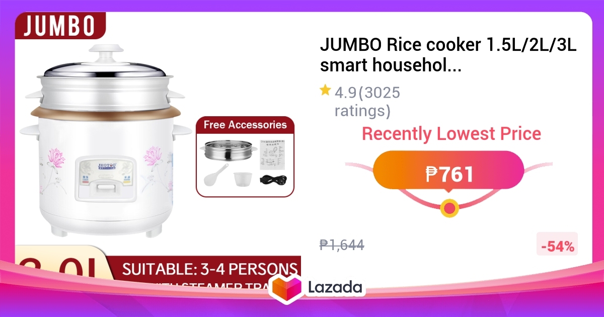 JUMBO Rice cooker 1.5L/2L/3L smart household multi-function food grade ...