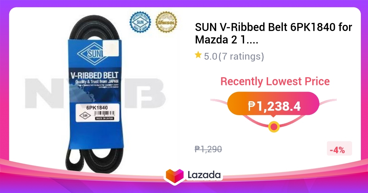 SUN V-Ribbed Belt 6PK1840 for Mazda 2 1.5 2009-2012, 1.3 2009-2014, 3 1 ...