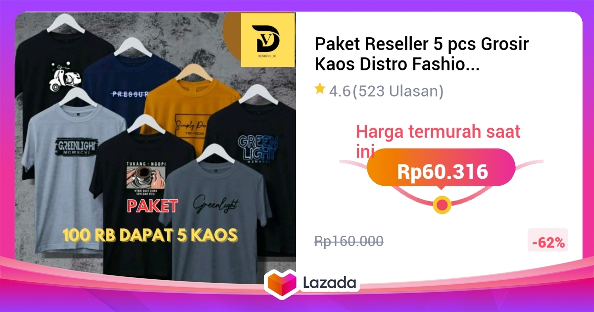 Paket Reseller 5 pcs Grosir Kaos Distro Fashion Murah Ukuran m L XL XXL