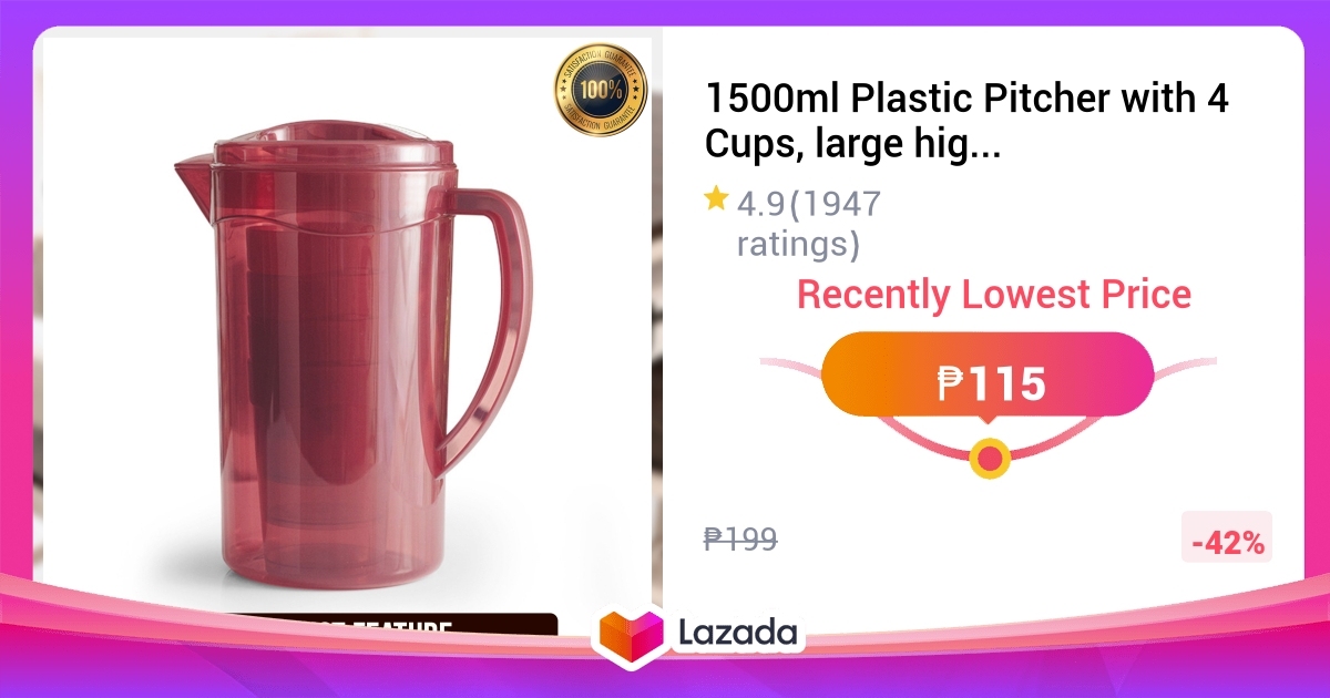 1500ml Plastic Pitcher with 4 Cups, large high quality pitcher with ...