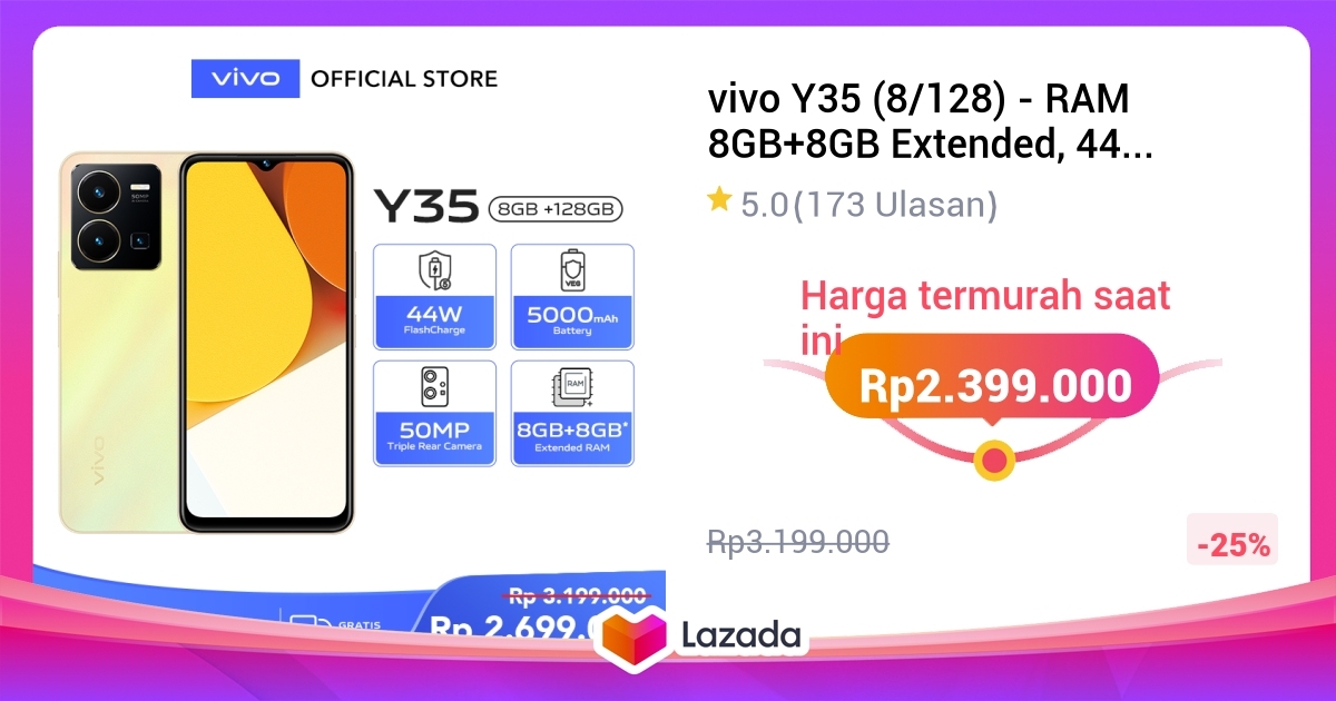 vivo Y35 (8/128) - RAM 8GB+8GB Extended, 44W FlashCharge+5000mAh, Splash Waterproof, 50MP Camera