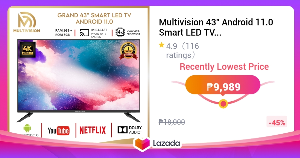 Multivision 43" Android 11.0 Smart LED TV, Netflix, Smart HDR, Dolby Audio, Voice Control FREE ...