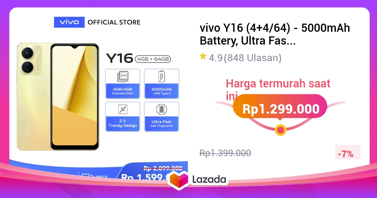 vivo Y16 (4+4/64) - 5000mAh Battery, Ultra Fast Side Fingerprint, AI ...