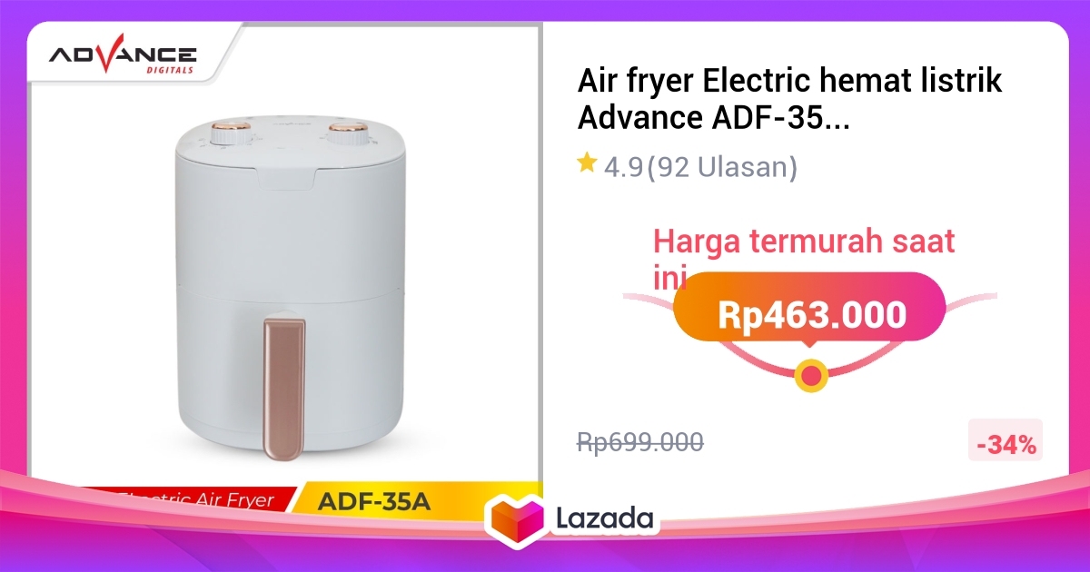 Air fryer Electric hemat listrik Advance ADF-35A 3L mesin penggorengan tanpa minyak low watt ...