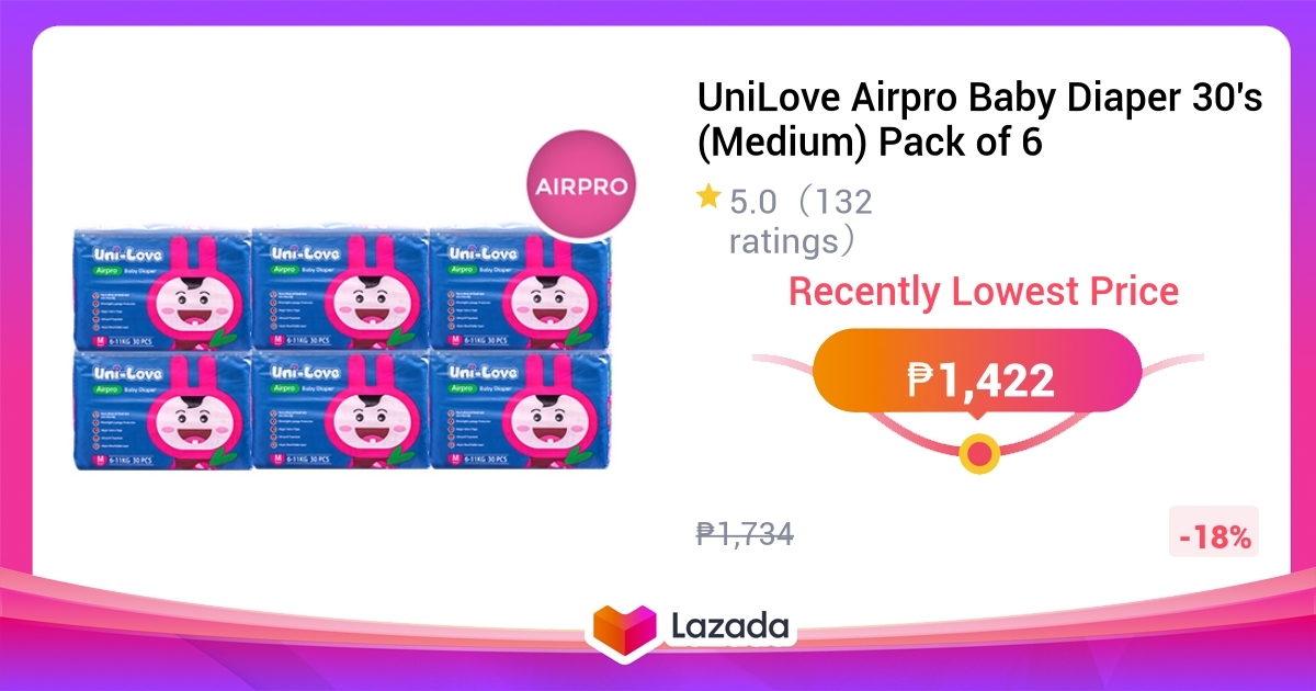 UniLove Airpro Baby Diaper 30's (Medium) Pack of 6