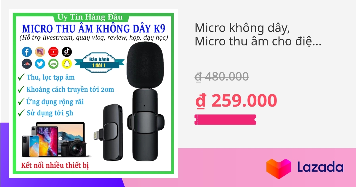 Micro không dây, Micro thu âm cho điện thoại K8/K9, Mic thu, lọc tạm âm hỗ trợ livestream, quay ...