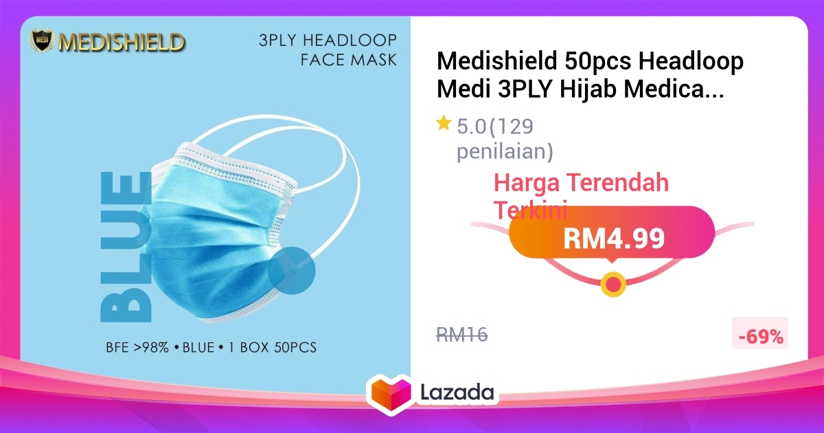 Medishield 50pcs Headloop Medi 3PLY Hijab Medical Mask Face Mask ...