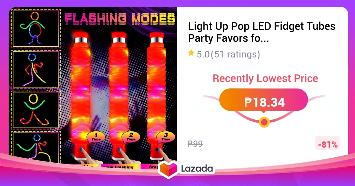 Light Up Pop LED Fidget Tubes Party Favors for Kids Glow Sticks Kids ...