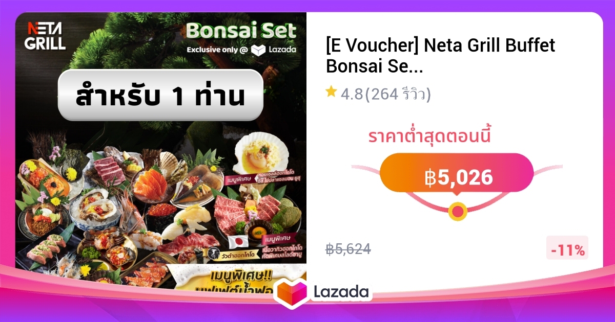 [E Voucher] Neta Grill Buffet Bonsai Set (ราคาเต็ม1406) เนื้อฮอกไกโดวากิวสไลด์ชาบู หอยเชลล์โฮตา ...