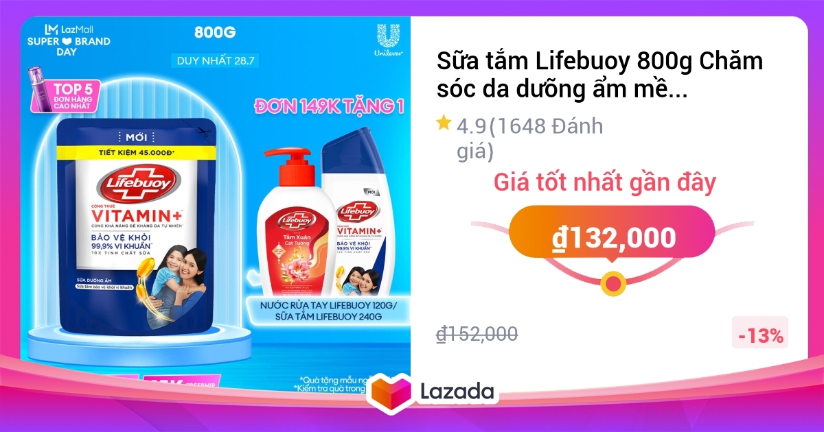 Sữa tắm Lifebuoy 800g Chăm sóc da dưỡng ẩm mềm mịn giúp bảo vệ khỏi 99.9% vi khuẩn và ngăn ngừa ...