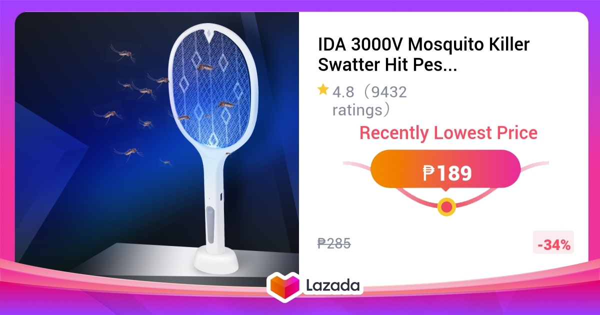 IDA 3000V Mosquito Killer Swatter Hit Pest Control USB Rechargeable ...