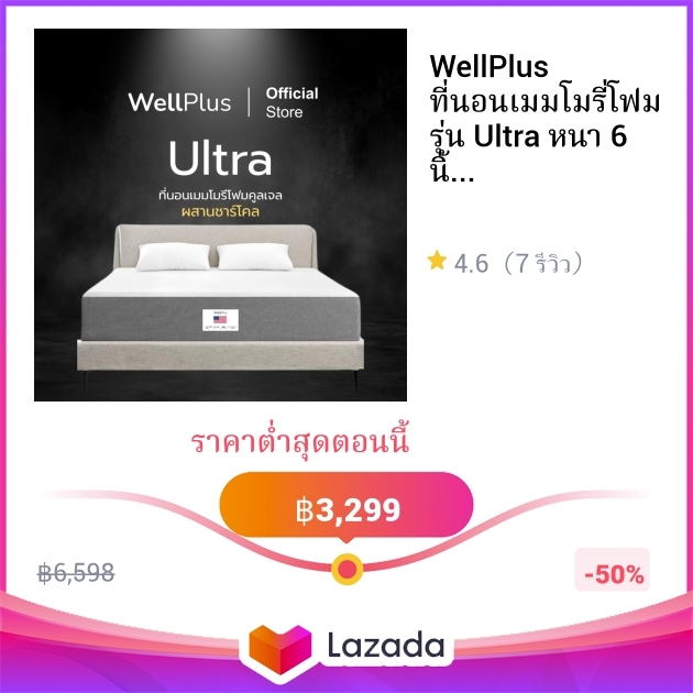 WellPlus ที่นอนเมมโมรี่โฟม รุ่น Ultra หนา 6 นิ้ว มีส่วนผสมชาร์โคลและคูลลิ่งเจล สัมผัสนุ่ม นอน ...