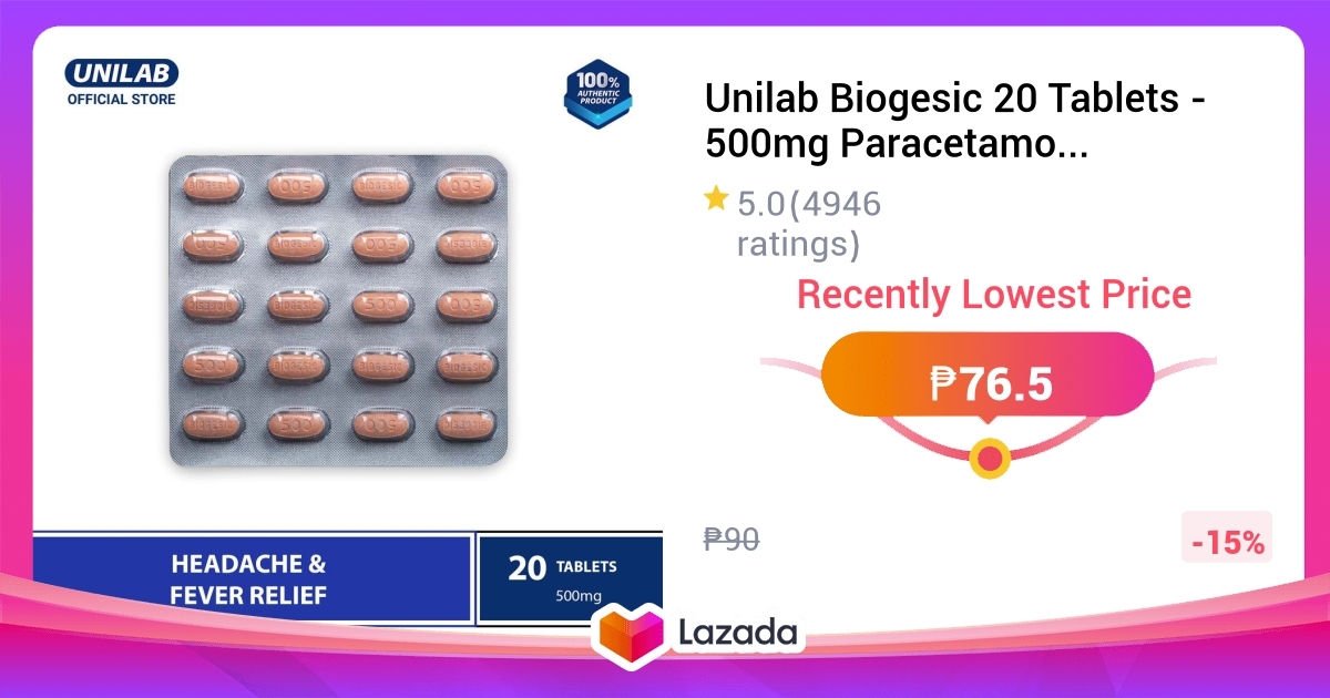 Unilab Biogesic 20 Tablets - 500mg Paracetamol for Quick Relief of ...