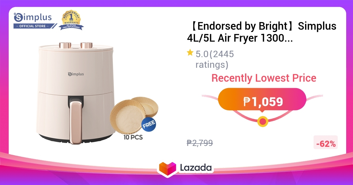 【Endorsed by Bright】Simplus 4L/5L Air Fryer 1300W Electric Fryer Oil ...