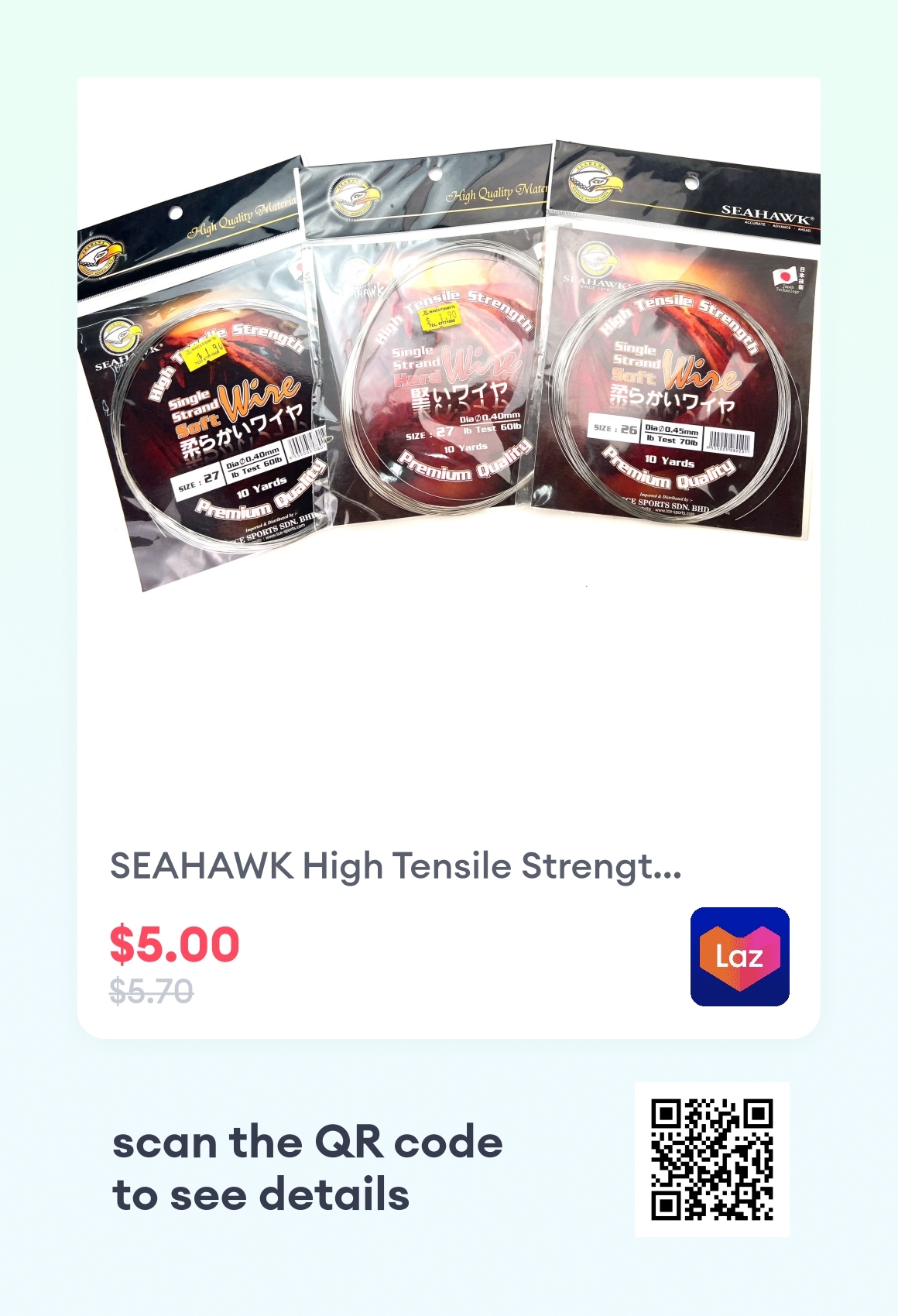 SEAHAWK High Tensile Strength Single Strand Wire Size 27 x 3 packets