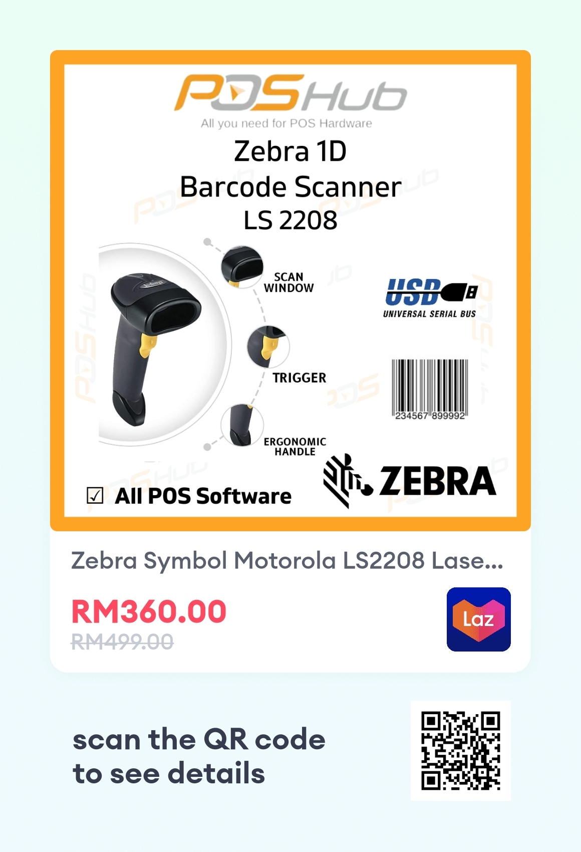 Zebra Symbol Motorola LS2208 Laser Barcode USB Scanner with Stand Zebra ...