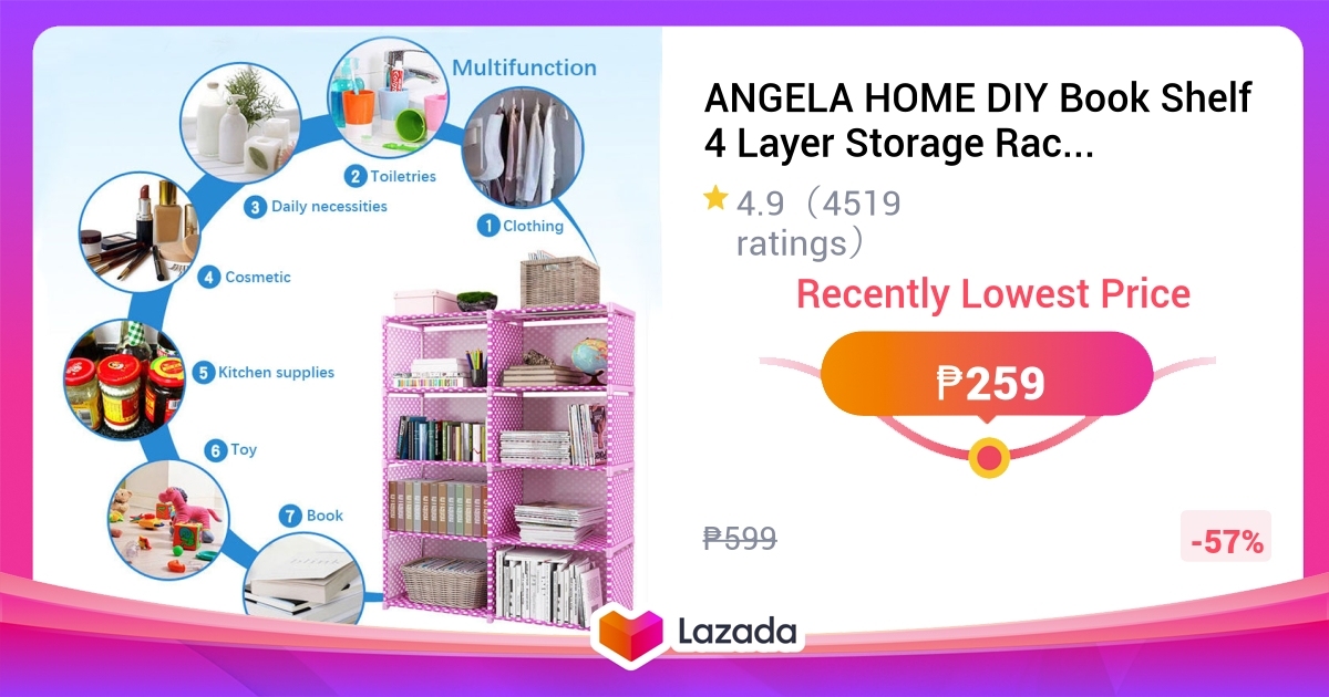 ANGELA HOME DIY Book Shelf 4 Layer Storage Rack With Back Cover ...