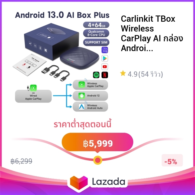 Carlinkit TBox Wireless CarPlay AI กล่อง Android 13 ไร้สาย Android Auto อะแดปเตอร์ SIM 4G LTE ...