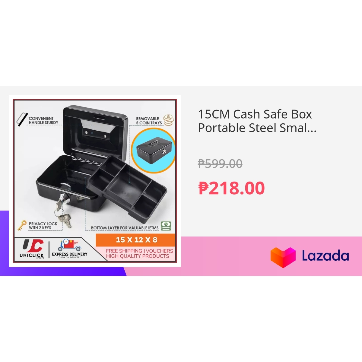 15CM Cash Safe Box Portable Steel Small Lockable Coin Money Security ...