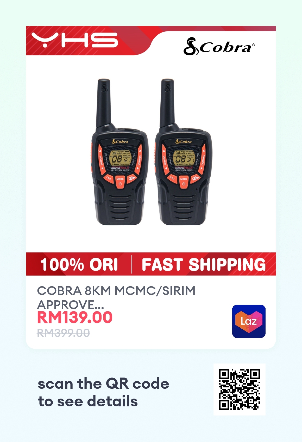 COBRA 8KM MCMC/SIRIM APPROVED Compact Walkie Talkie and Rechargeable Batteries FRS PMR
