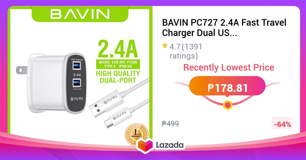 BAVIN PC727 2.4A Fast Travel Charger Dual USB Charging Adapter Charger ...