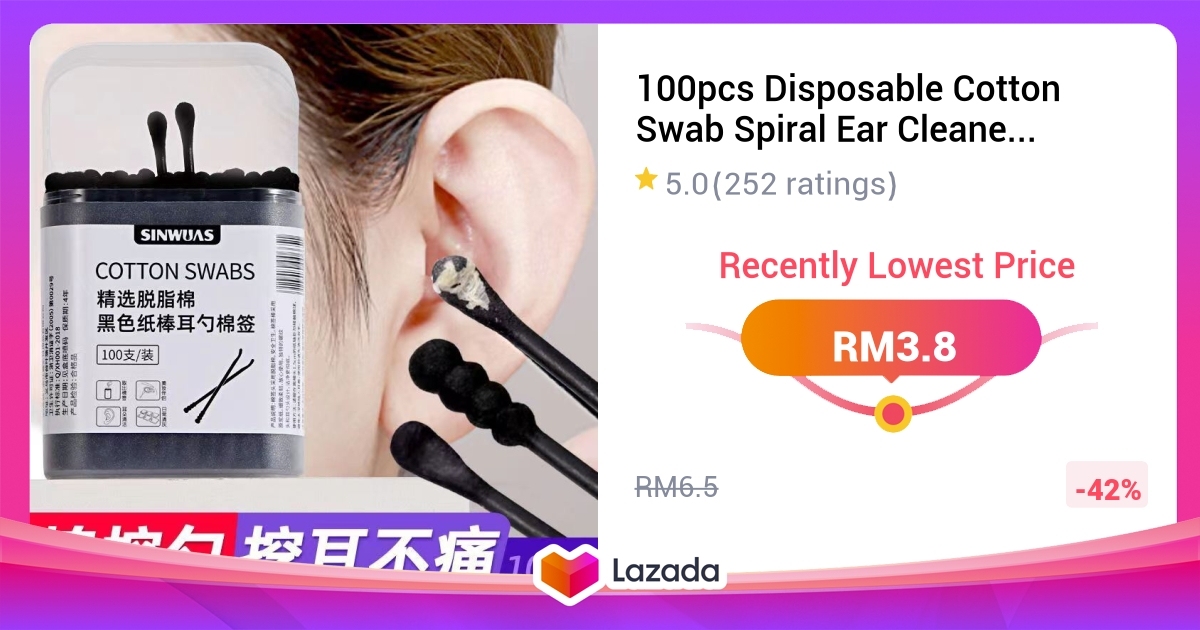 100pcs Disposable Cotton Swab Spiral Ear Cleaner Black Double Heads ...