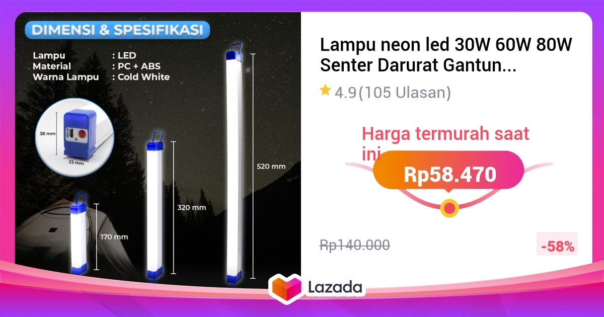 Lampu neon led 30W 60W 80W Senter Darurat Gantung Kemping Camping Light ...