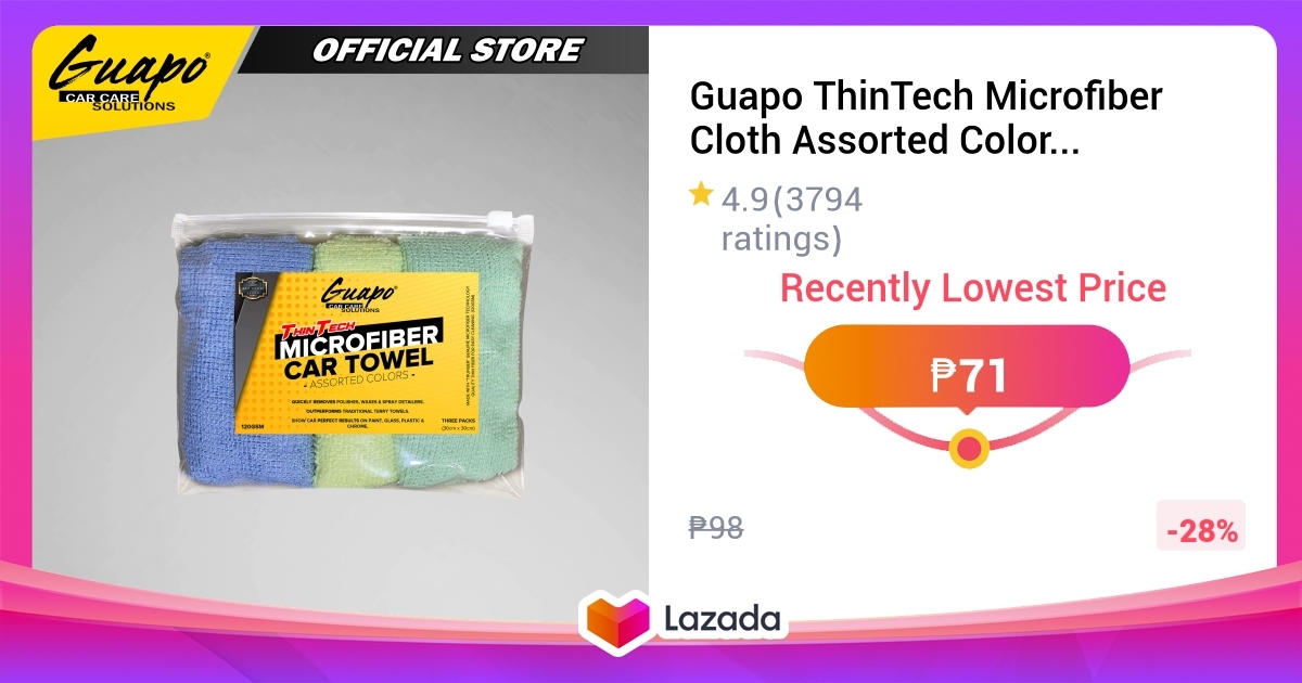 Guapo ThinTech Microfiber Cloth Assorted Colors 200GSM 3 pcs. / Microfiber Car Towels 3 pcs ...
