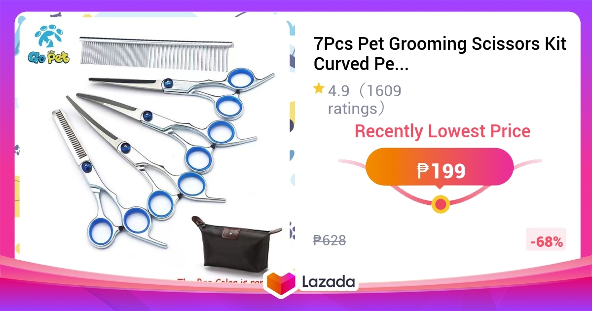 7Pcs Pet Grooming Scissors Kit Curved Pet Grooming Shears for Dogs Cats ...