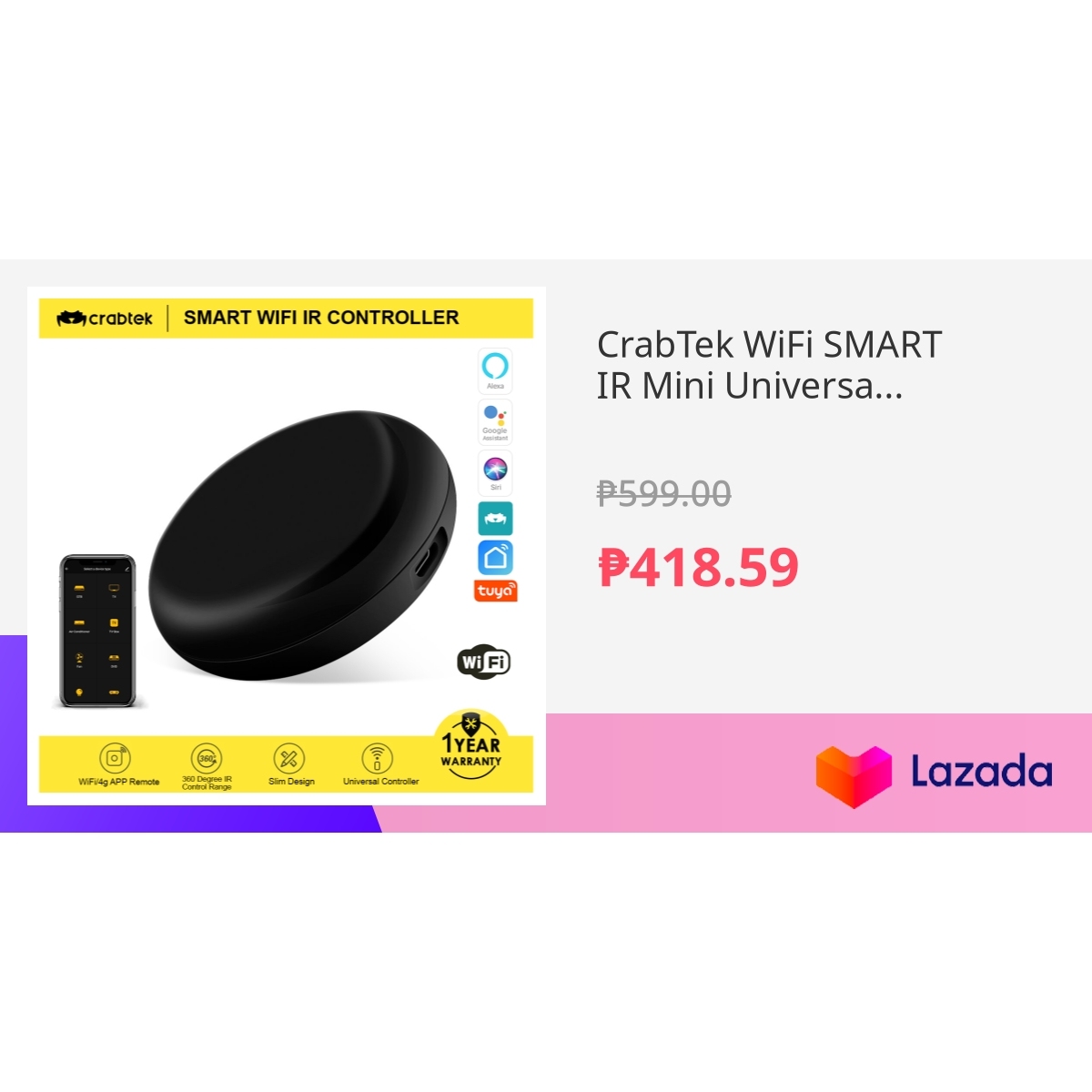 CrabTek WiFi SMART IR Mini Universal Remote Control for TV Aircon other ...