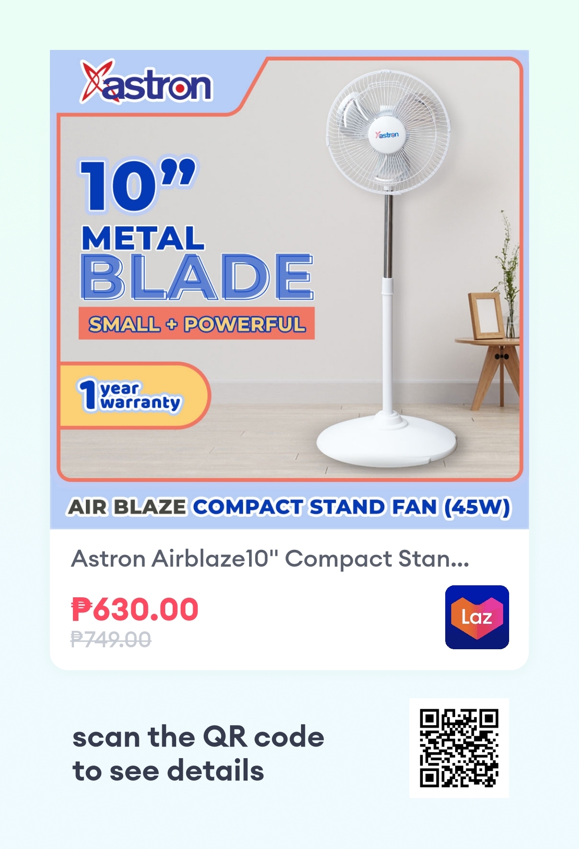 Astron Airblaze10" Compact Stand Fan (White) | Metal Blade | Small ...