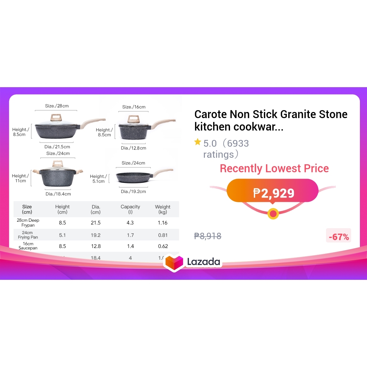 Carote Non Stick Granite Stone kitchen cookware set,Healthy non stick ...